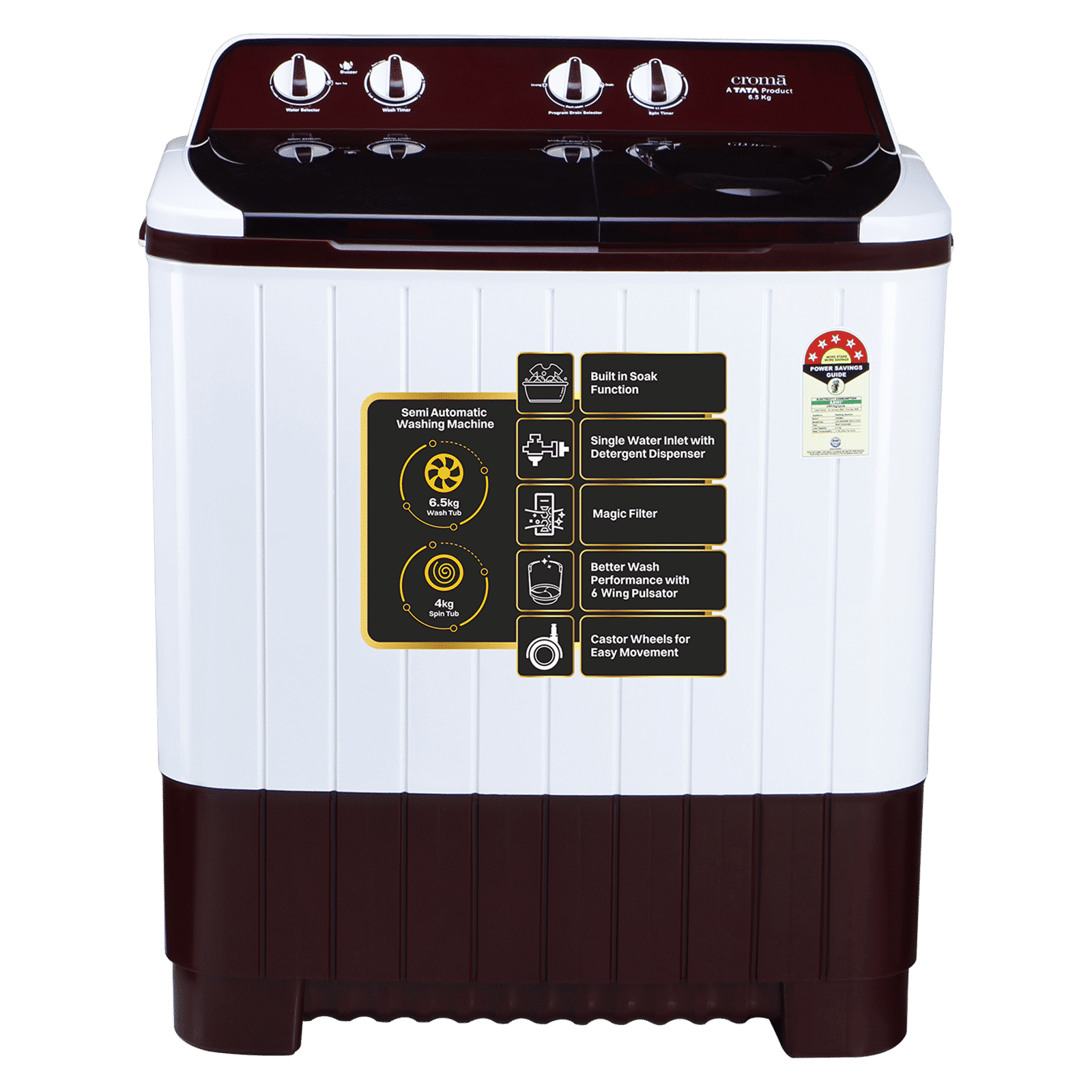 Buy Croma 6.5 kg 5 Star Semi Automatic Washing Machine with Built-in ...