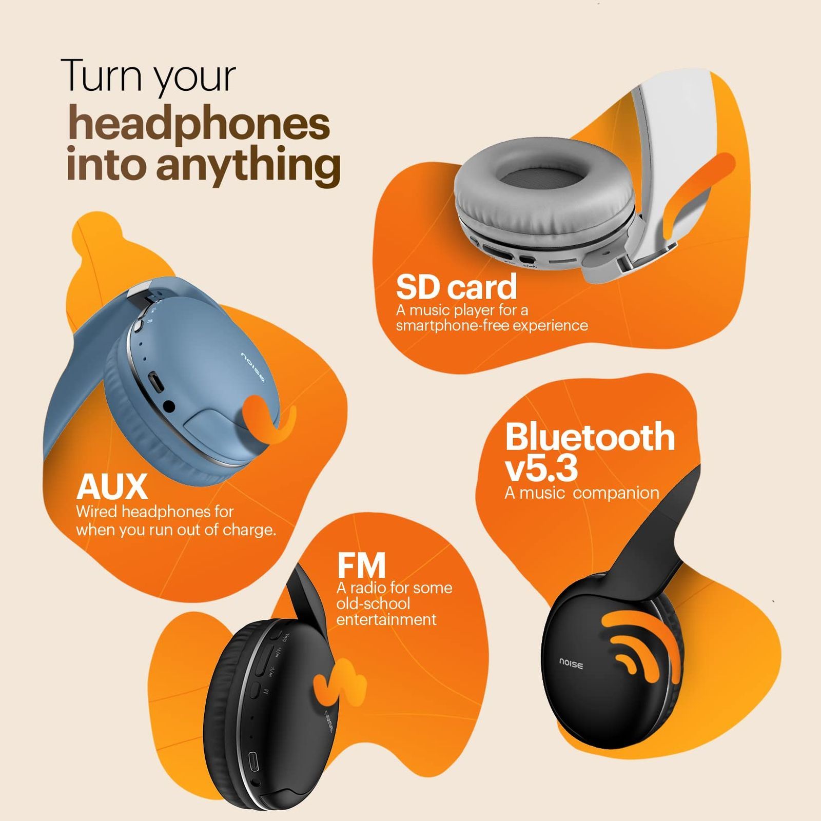 Buy noise Two Bluetooth Headphone with Mic (Upto 50 Hours Playtime ...