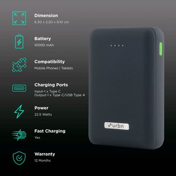 Buy urbn 10000 mAh 22.5W Fast Charging Power Bank (1 Type A & 1 Type C ...