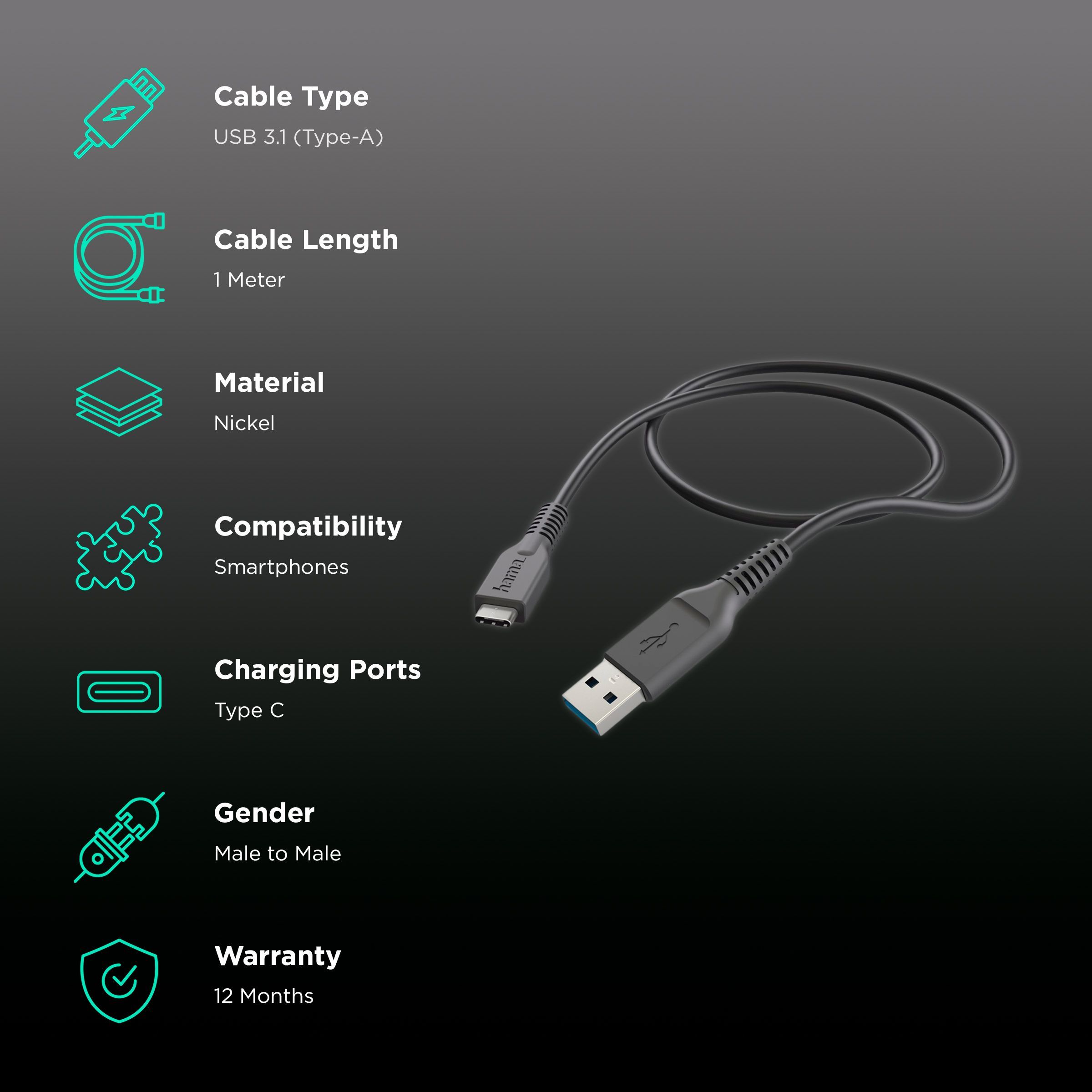 Buy Hama Type A to Type C 3.3 Feet (1M) Cable (Optimised Internal ...