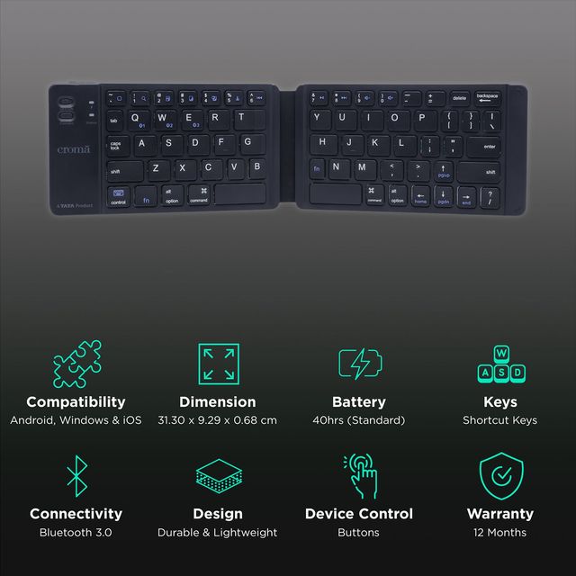 Buy Croma Rechargeable Bluetooth 3.0 Wireless Foldable Keyboard with ...