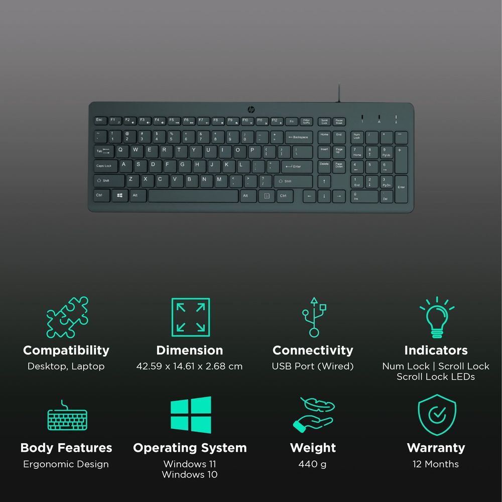 Buy HP 150 Wired Keyboard with 12 Fn Shortcut Keys (Plug & Play, Black ...