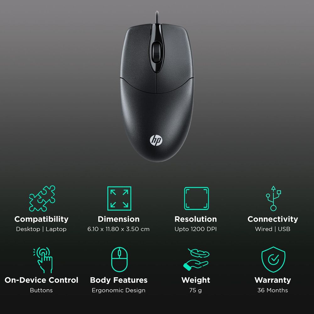Buy HP M050 Wired Mouse (1200 DPI, Optical Engine, Black) Online - Croma