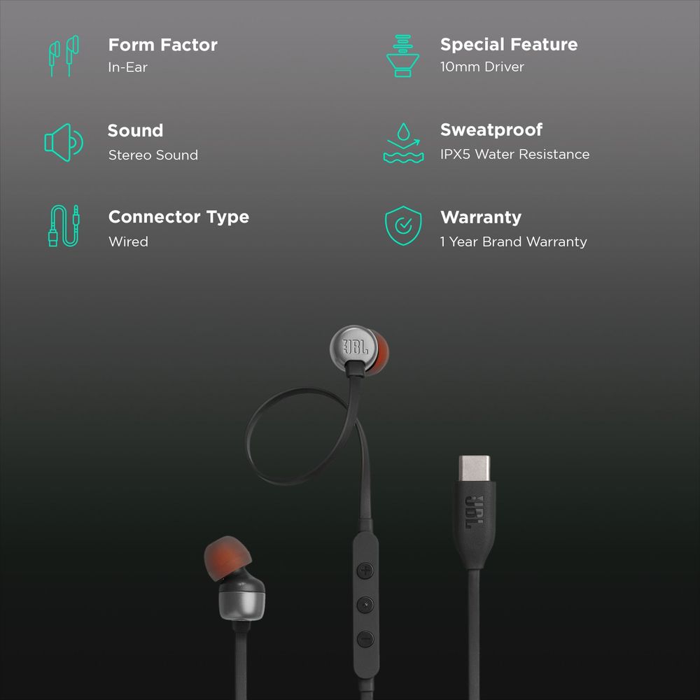 Buy JBL T310C Wired Earphone with Mic (USB Type-C Connector, In Ear ...