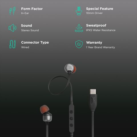 Buy JBL T310C Wired Earphone with Mic (USB Type-C Connector, In Ear ...