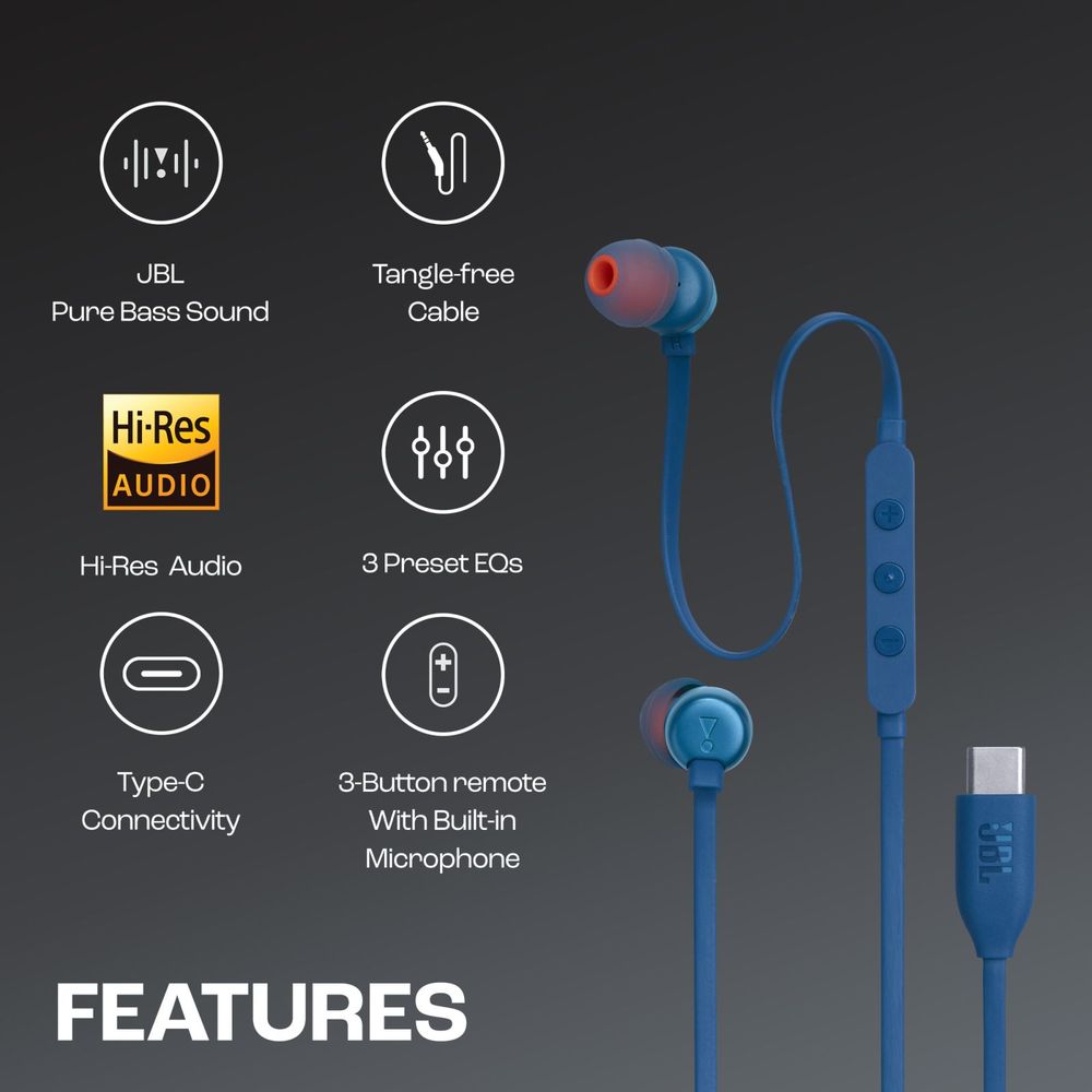 Buy JBL T310C Wired Earphone with Mic (USB Type-C Connector, In Ear ...