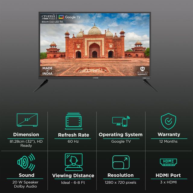Buy Croma 80 cm (32 inch) HD Ready LED Smart Google TV with Dolby Audio ...