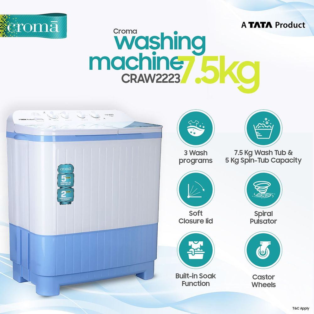 Buy Croma 7.5 kg Semi Automatic Washing Machine with Auto Unbalancing ...