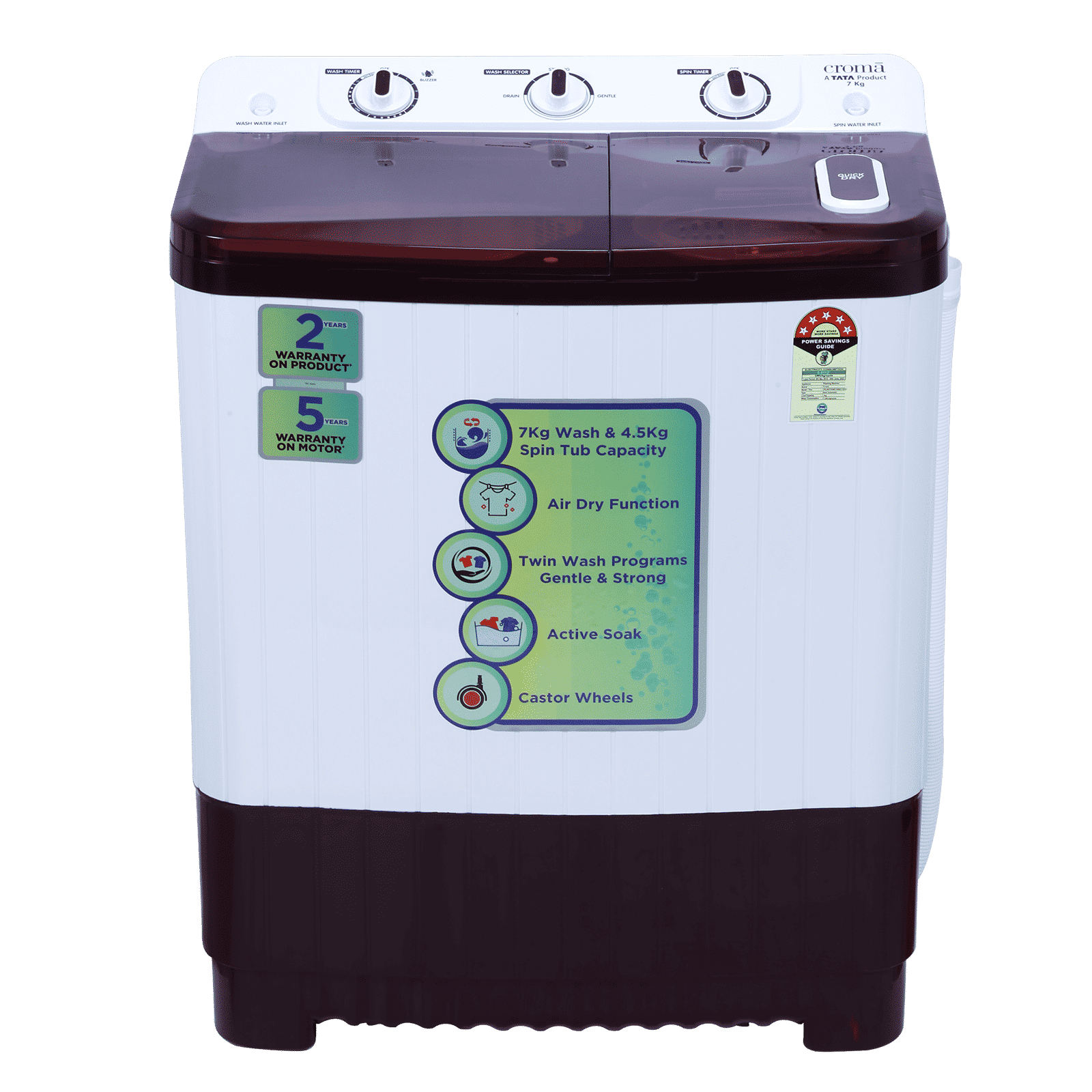 Buy Croma 7 kg 5 Star Semi Automatic Washing Machine with Built-in Soak ...