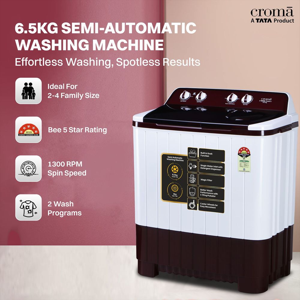Buy Croma 6.5 kg 5 Star Semi Automatic Washing Machine with Built-in ...