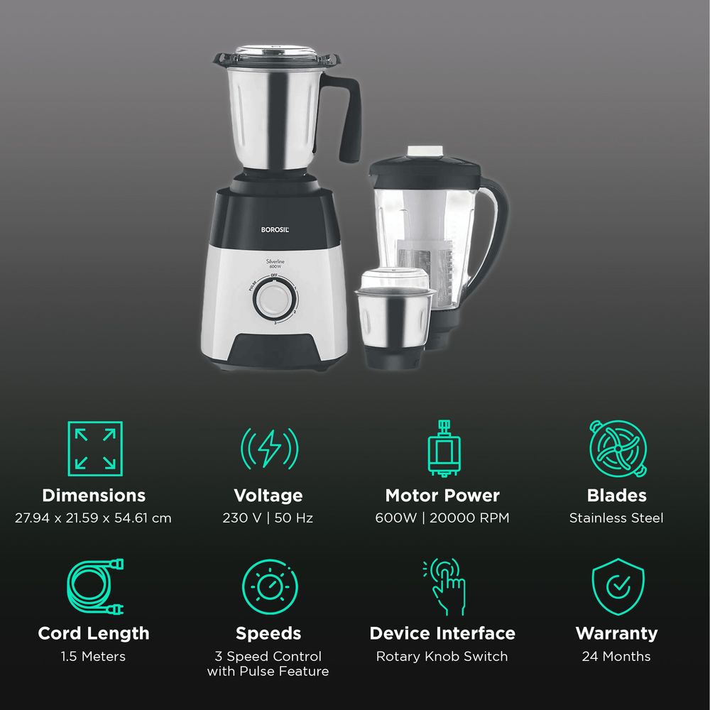 Buy Borosil Silverline 600 Watts 3 Jars Mixer Grinder (20000 RPM, Flow ...