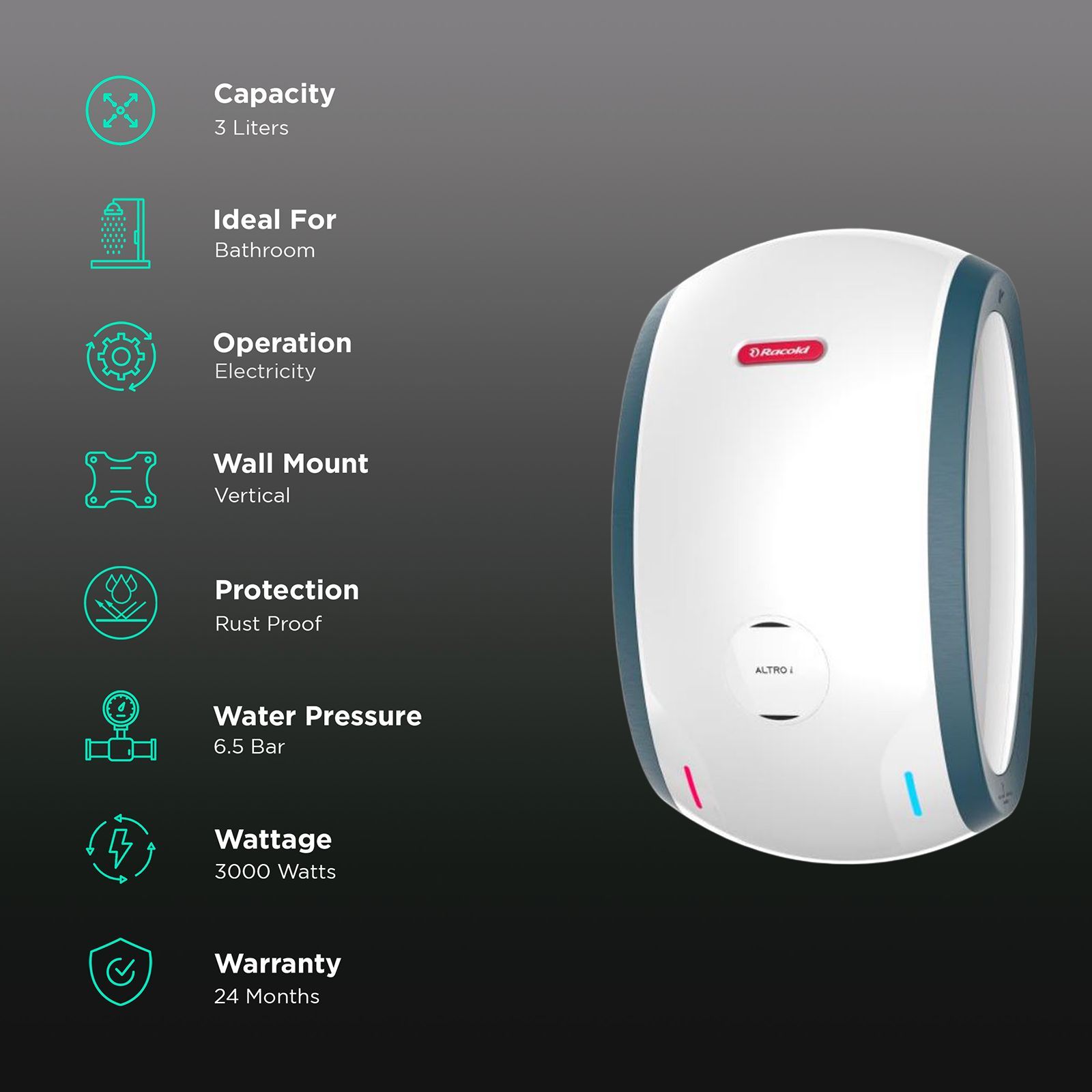 Buy Racold Altro iRS 3 Litres Instant Water Geyser (3000 Watts, 3803285 ...