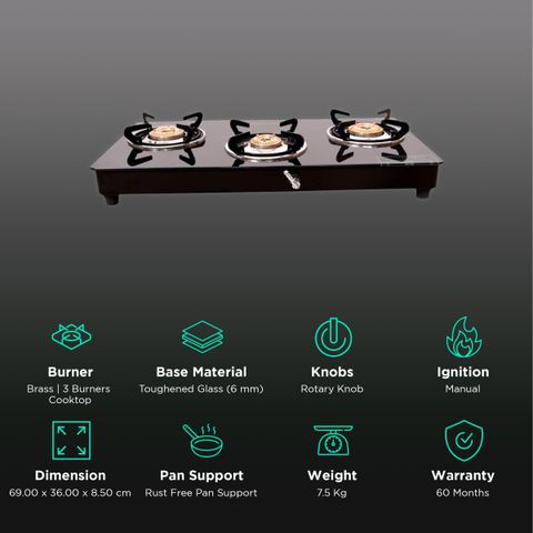 Buy Butterfly Wave Toughened Glass Top 3 Burner Manual Gas Stove (Rust ...