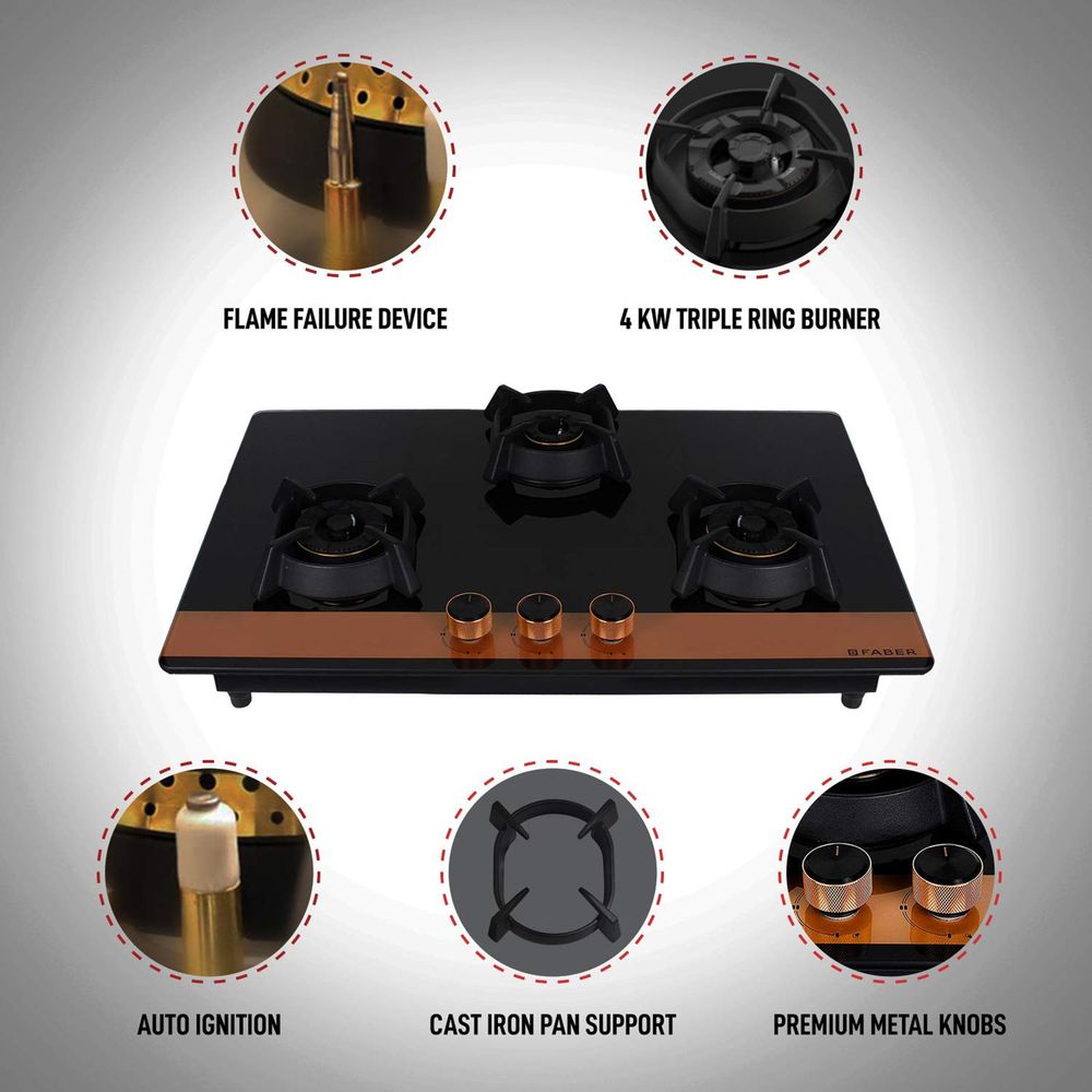 Buy Faber Utopia Pro HT 783 BR CI Toughened Glass Top 3 Burner ...